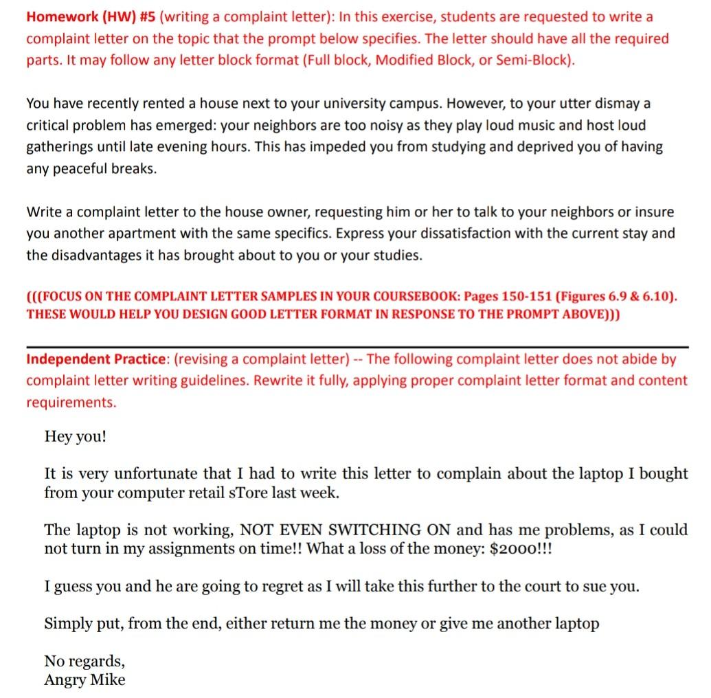 Homework (HW) #5 (writing a complaint letter): In | Chegg.com