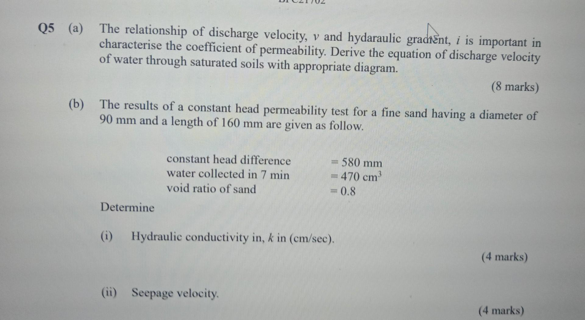 Solved (a) The relationship of discharge velocity, v and | Chegg.com
