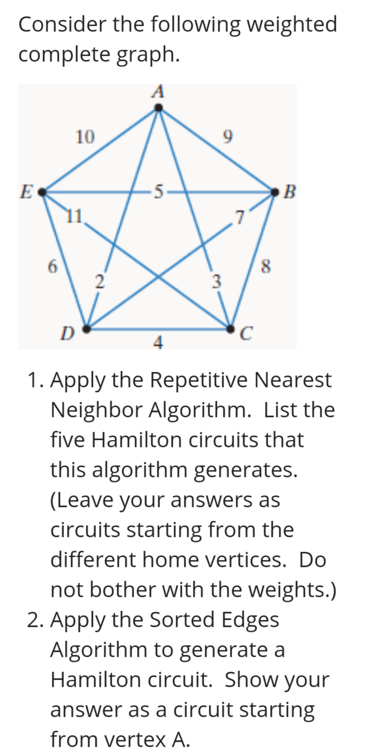 Solved Consider the following weighted complete graph. 10 9 | Chegg.com