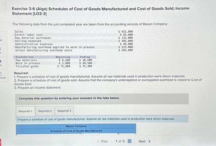 Solved Exercise 3-6 (Algo) Schedules of Cost of Goods | Chegg.com