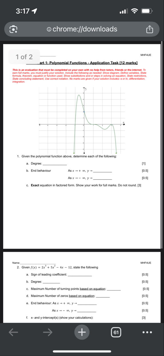 Solved 3:17© ﻿chrome://downloads1 ﻿of 2MHF4UEart 1: | Chegg.com