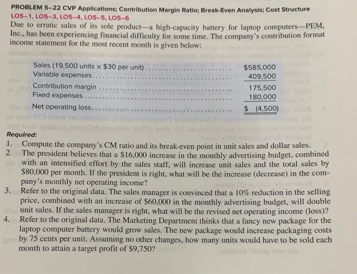 Solved PROBLEM 5-22 CVP Applications; Contribution Margin | Chegg.com