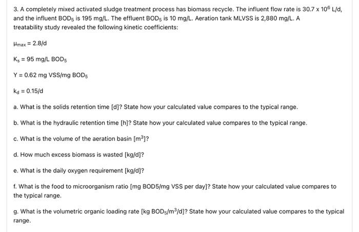 3. A completely mixed activated sludge treatment | Chegg.com