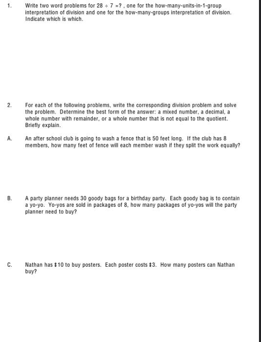 Solved 1. Write two word problems for 28 + 7 =?, one for the | Chegg.com