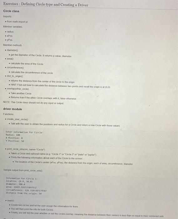 Solved Circle class Impoits - from math import pa Member | Chegg.com