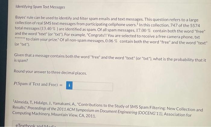 Solved Identifying Spam Text Messages Bayes' rule can be | Chegg.com