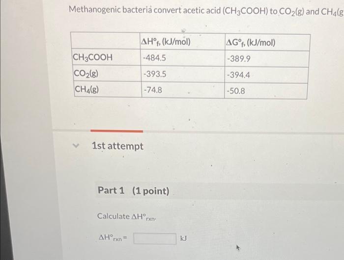 Solved Methanogenic bacteria convert acetic acid (CH3COOH) | Chegg.com