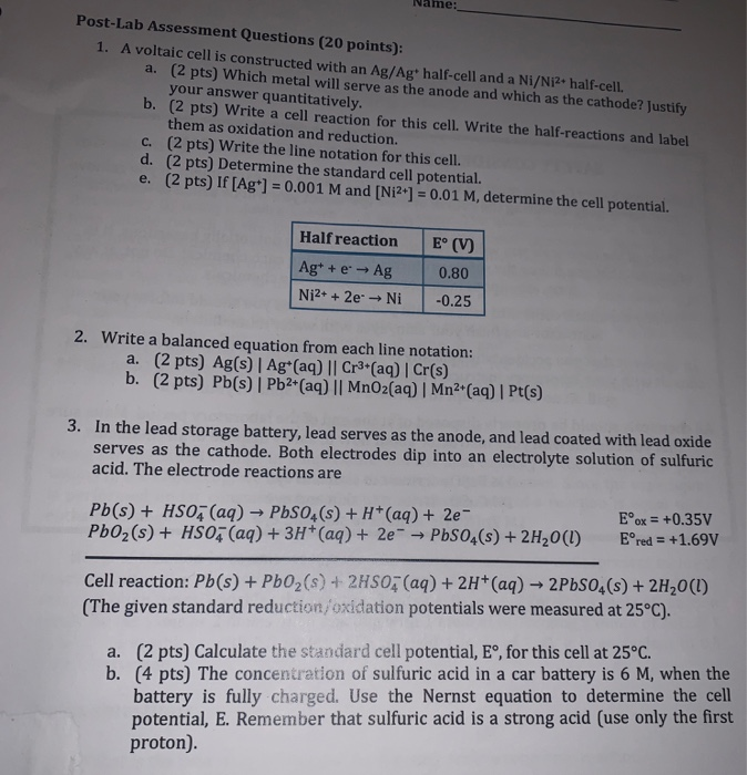 Solved Name: Post-Lab Assessment Questions (20 points): 1. A | Chegg.com