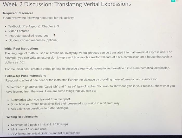 Solved Week 2 Discussion: Translating Verbal Expressions | Chegg.com