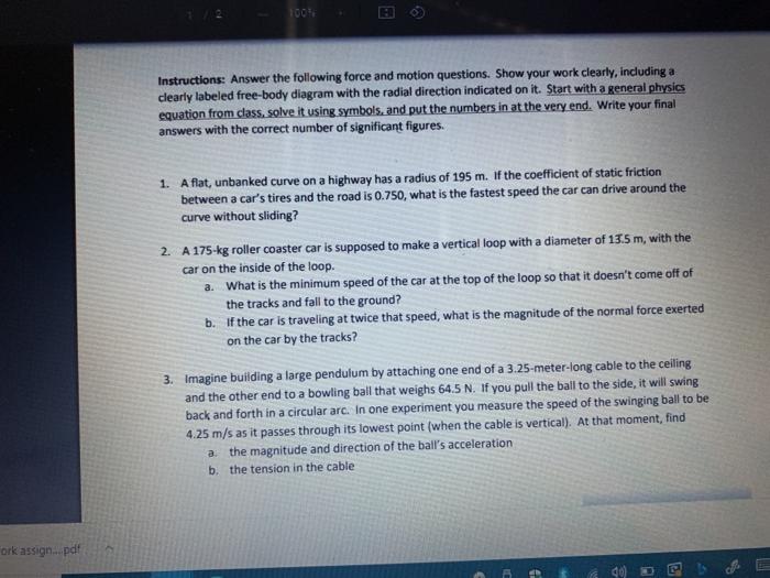 Solved Instructions: Answer the following force and motion | Chegg.com