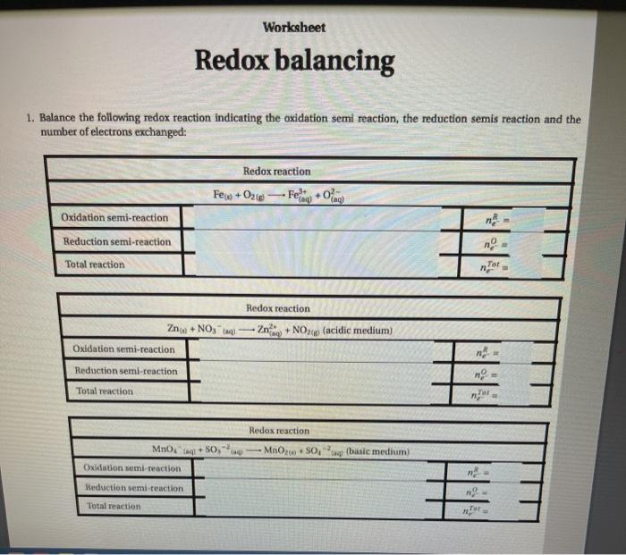 Solved Worksheet Redox balancing 1. Balance the following | Chegg.com
