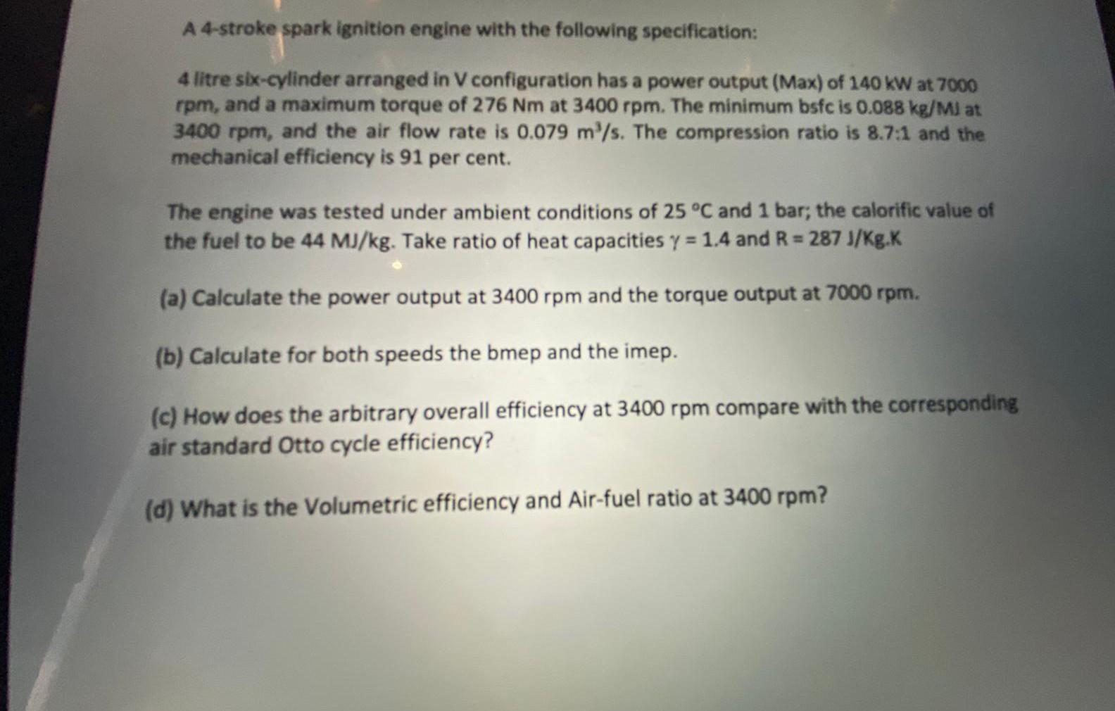 Solved A 4-stroke spark ignition engine with the following | Chegg.com