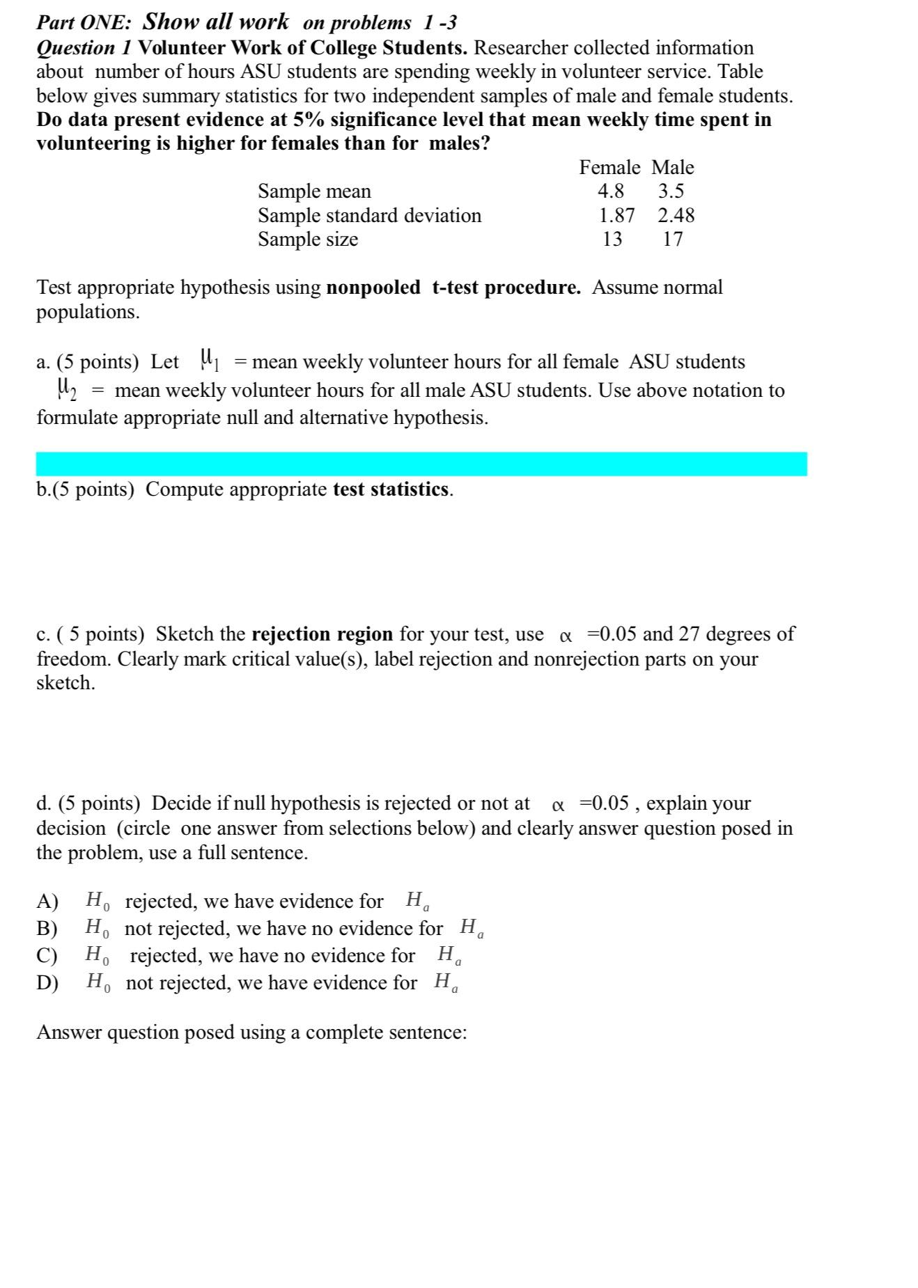 Solved Part ONE: Show all work on problems 1-3Question 1 | Chegg.com