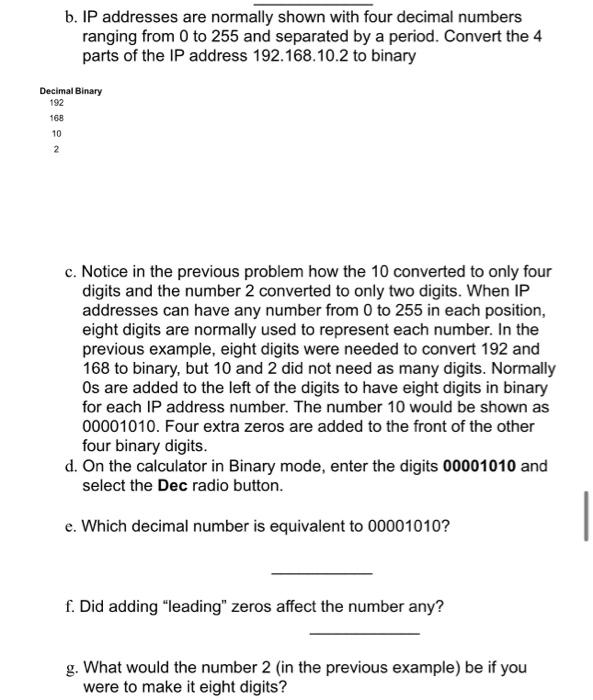 Solved b. IP addresses are normally shown with four decimal | Chegg.com