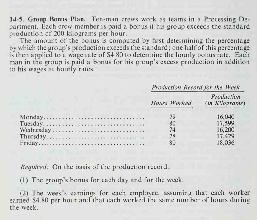 Solved 14-5. Group Bonus Plan. Ten-man crews work as teams | Chegg.com