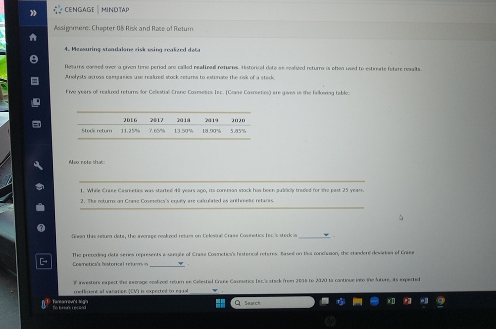 Solved Measuring standalone risk using realized dataReturns | Chegg.com