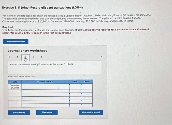 Solved Exercise 8-11 (Algo) Record gift card transactions | Chegg.com