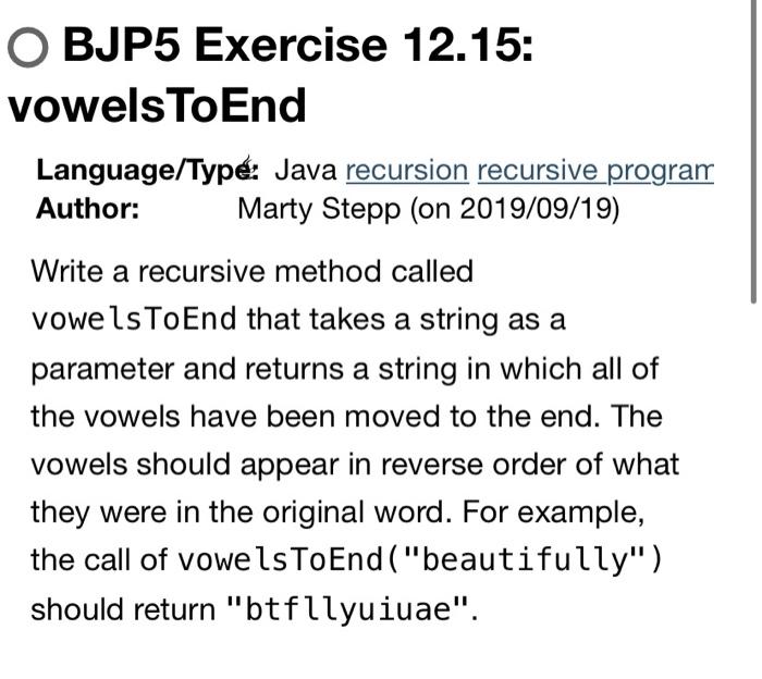 Solved OBJP5 Exercise 12.15: vowels ToEnd Language/Type: | Chegg.com