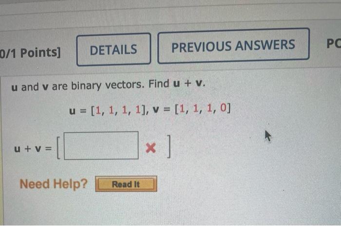 Solved u and v are binary vectors. Find u+v. | Chegg.com