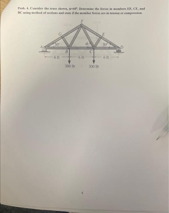 Prob. 4. Consider the truss shown, ϕ=60∘. Determine | Chegg.com