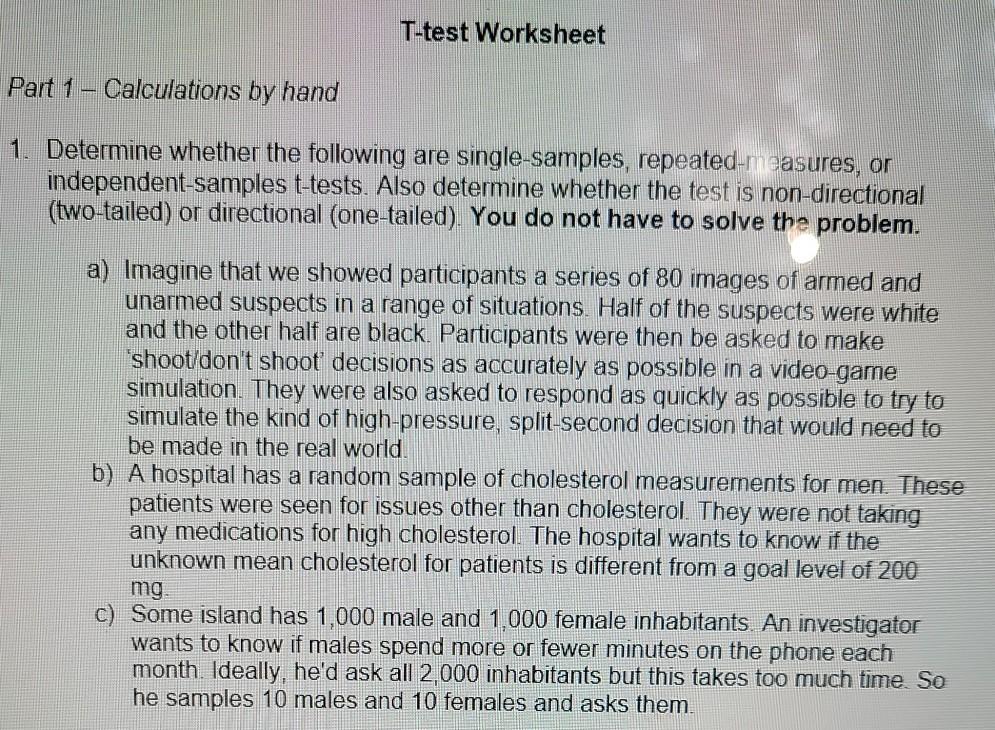 Solved T-test Worksheet Part 1 - Calculations by hand 1. | Chegg.com