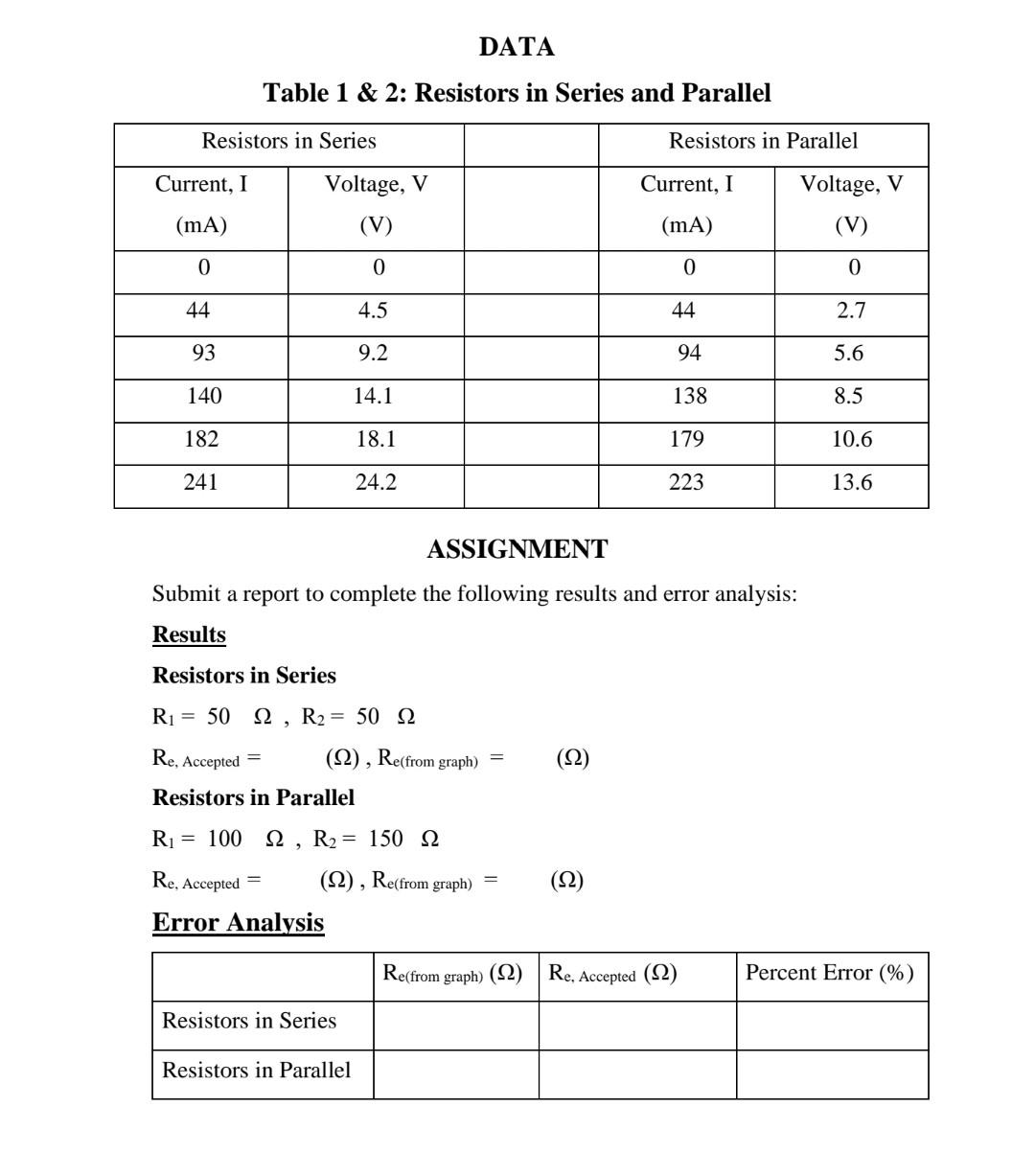 Solved DATA Table 1 & 2: Resistors in Series and Parallel | Chegg.com