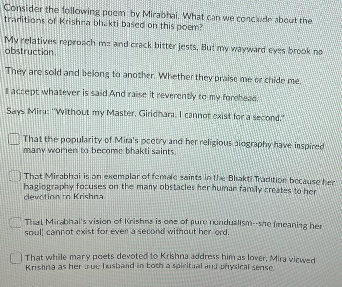 Solved Consider the following poem by Mirabhai. What can we | Chegg.com