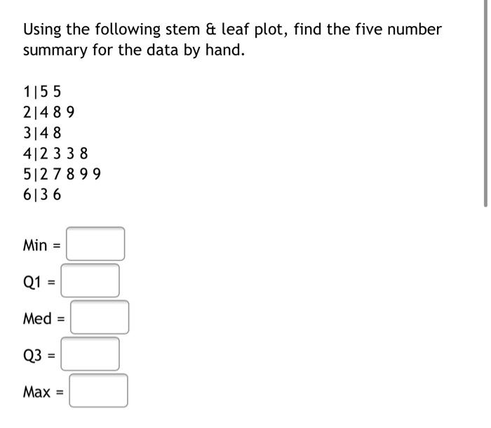 Solved Using the following stem & leaf plot, find the five | Chegg.com