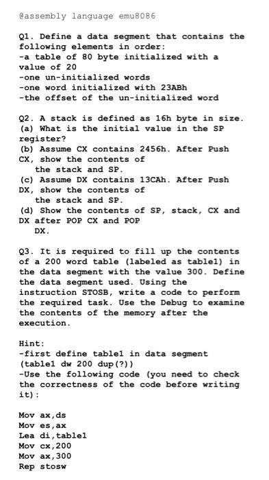@assembly language emu8086 Q1. Define a data segment | Chegg.com