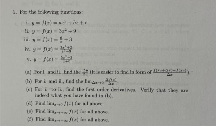 Solved 1. For the following functions: i. y=f(x)=ax2+bx+c | Chegg.com
