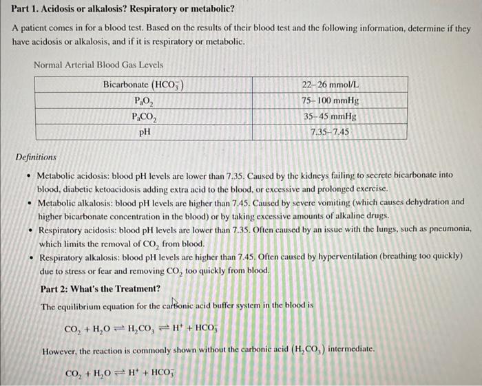 Solved Part 1. Acidosis or alkalosis? Respiratory or | Chegg.com