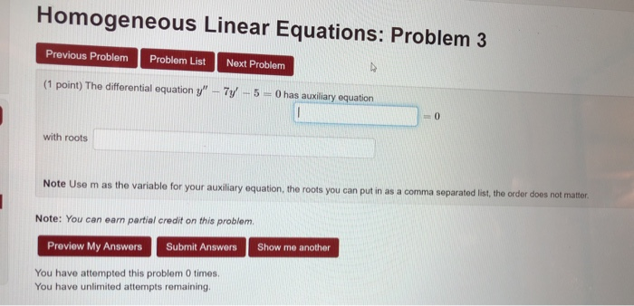 Solved Homogeneous Linear Equations: Problem 3 Previous | Chegg.com
