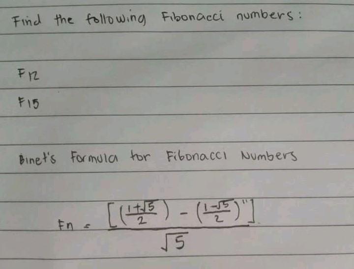 Solved Find the following Fibonacci numbers: FI2 F 15 | Chegg.com