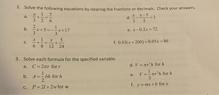 Solved 2. Solve the following equations by clearing the | Chegg.com