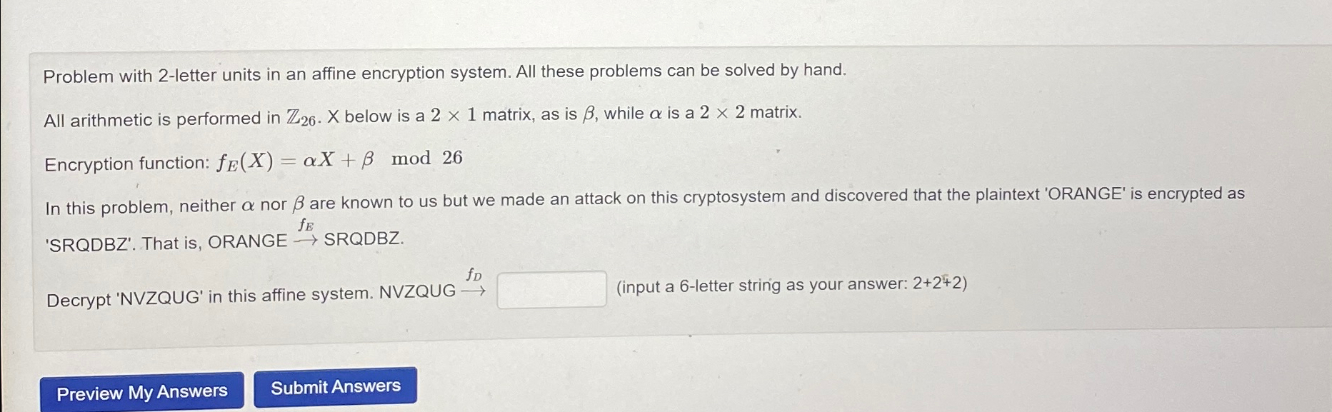 Problem with 2-letter units in an affine encryption | Chegg.com