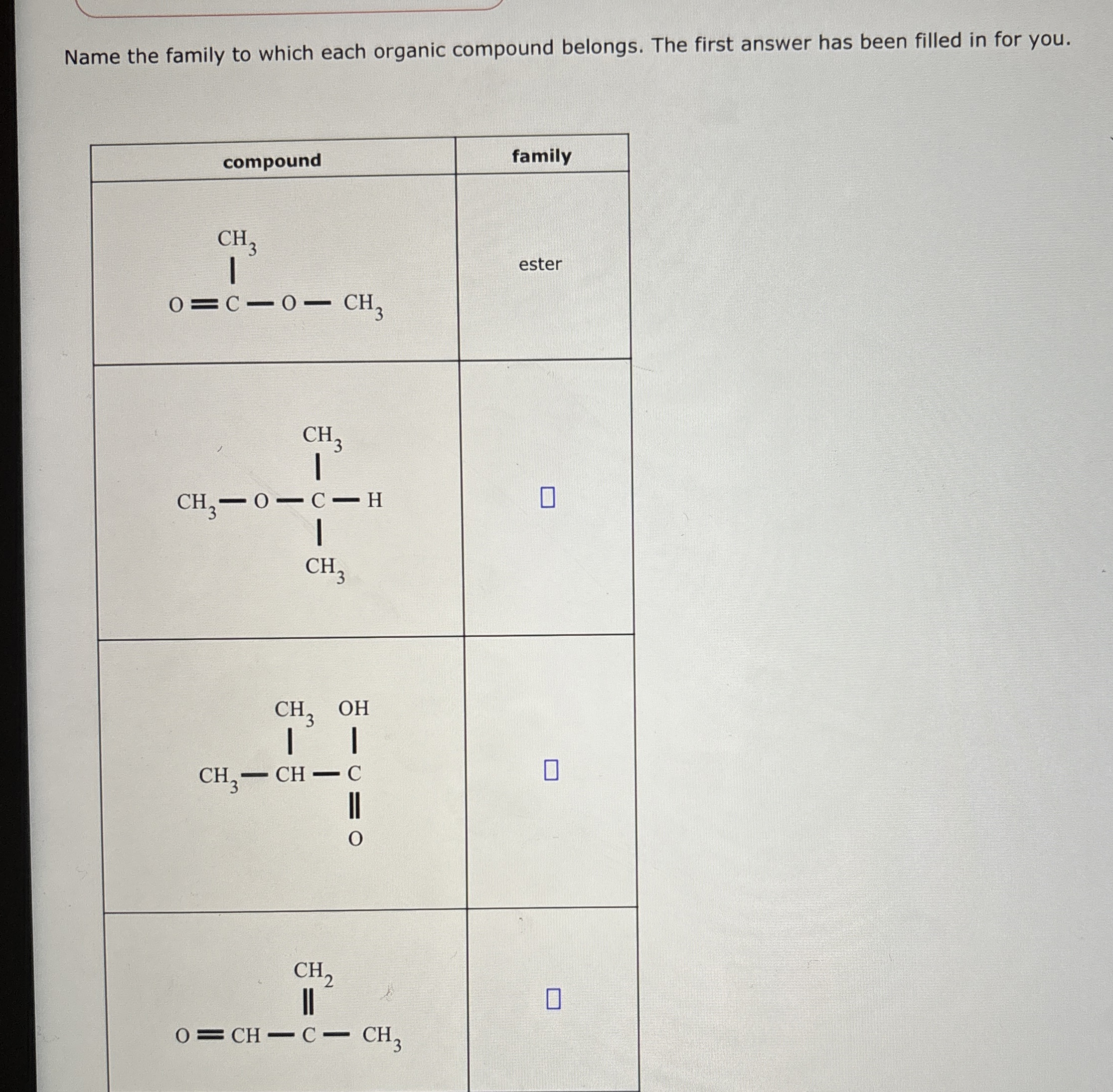Solved Name the family to which each organic compound | Chegg.com