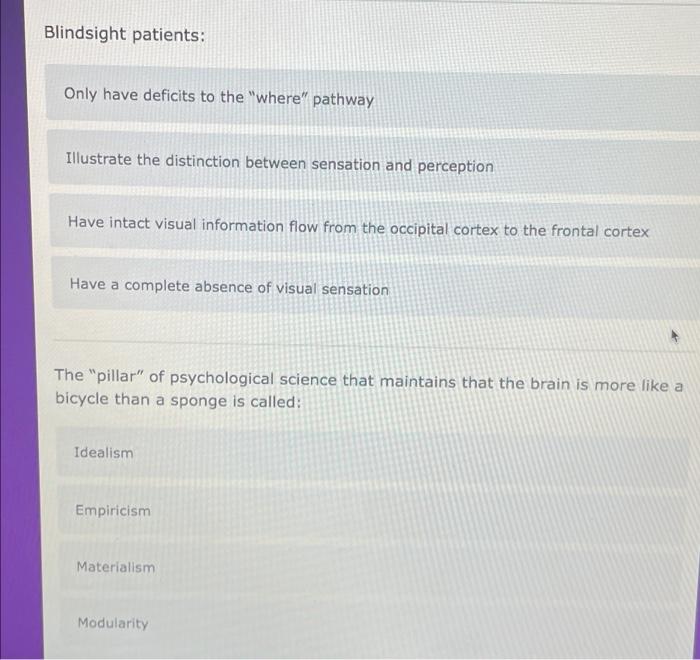 Solved Blindsight patients: Only have deficits to the | Chegg.com