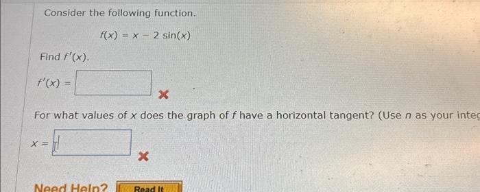Solved Consider the following function. f(x)=x−2sin(x) Find | Chegg.com