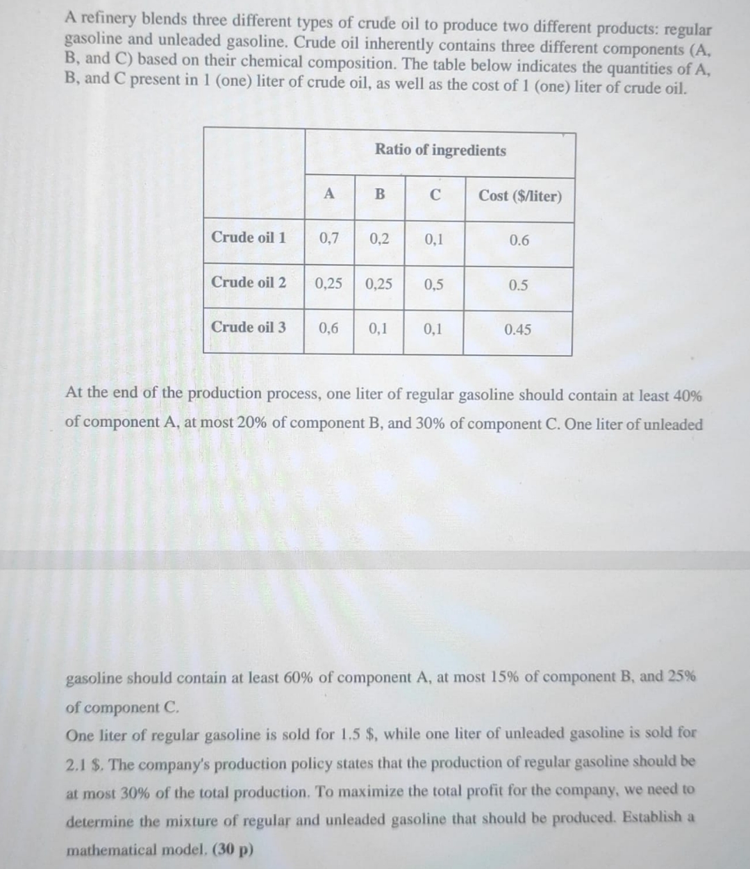 Solved A refinery blends three different types of crude oil | Chegg.com
