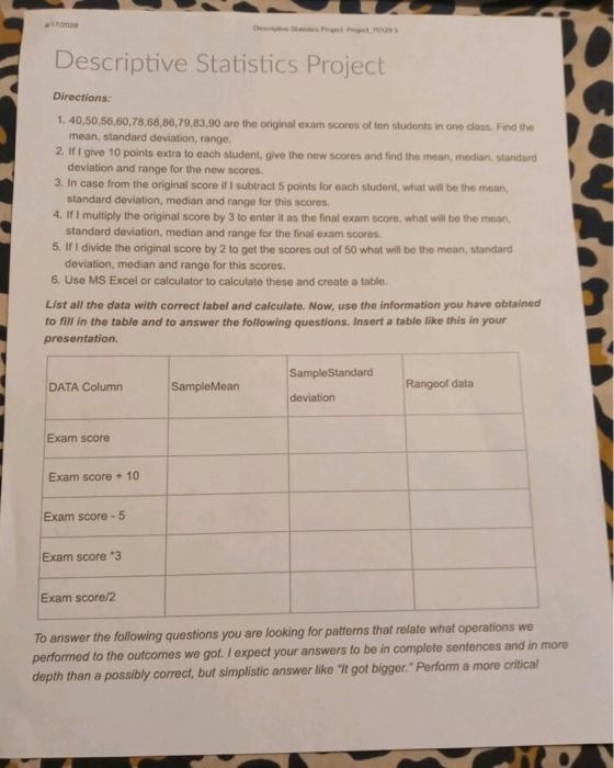 Solved Descriptive Statistics Project Directions: | Chegg.com