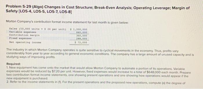 Problem 5-29 (Algo) Changes in Cost Structure; | Chegg.com