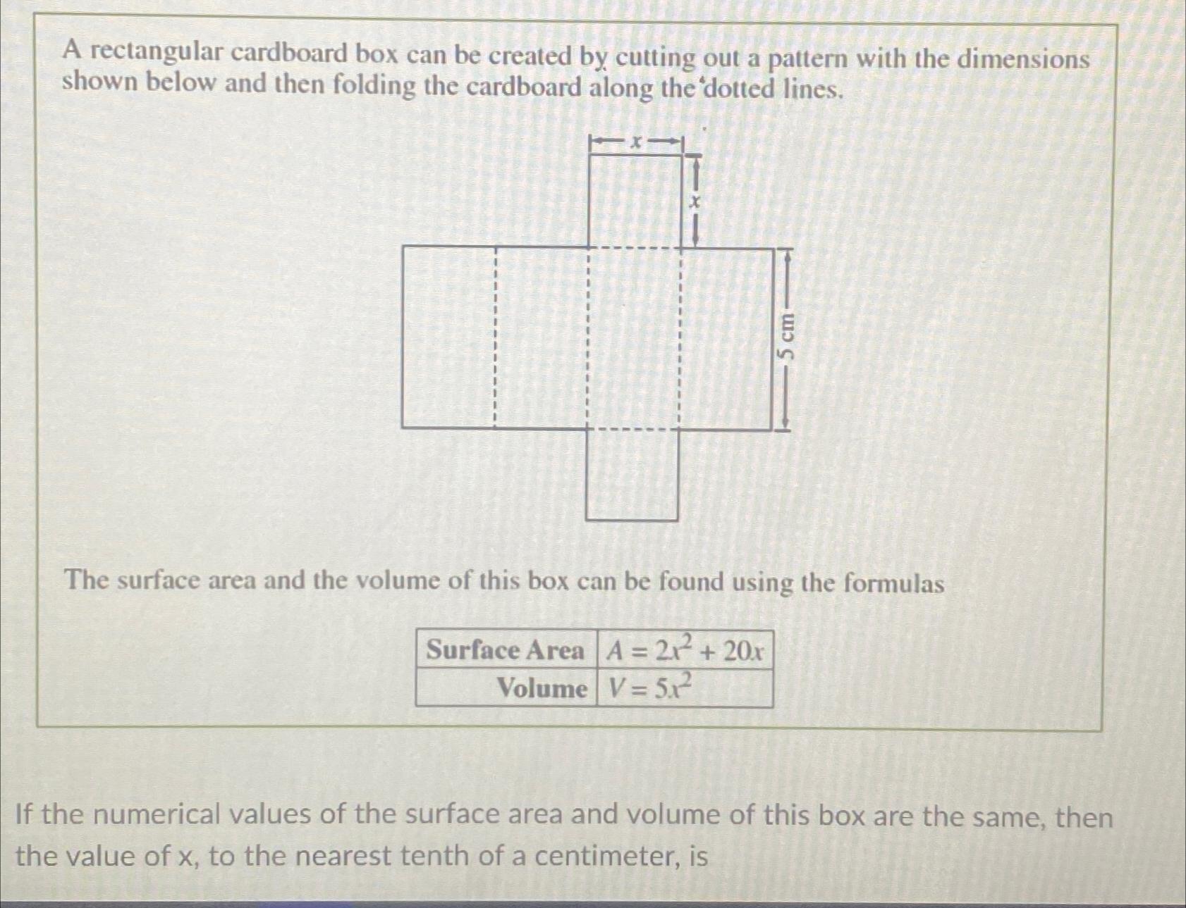 Solved A rectangular cardboard box can be created by cutting | Chegg.com