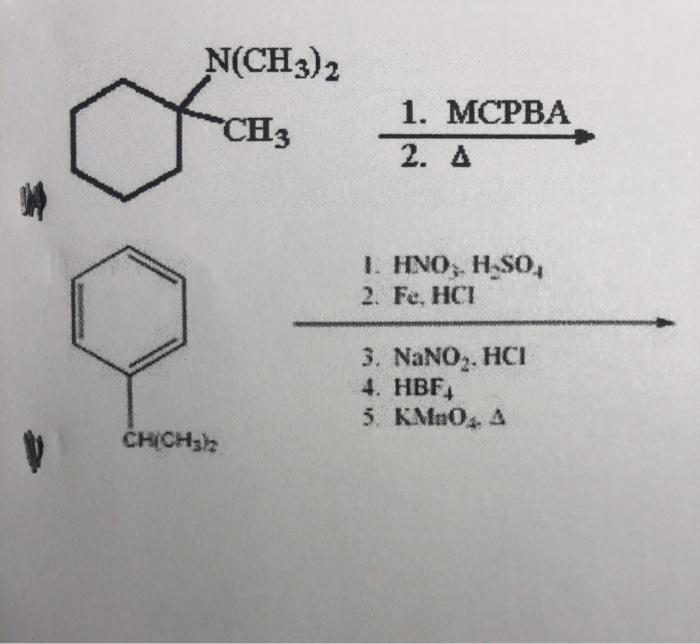 Solved N(CH3)2 CH3 1. MCPBA 2. A 1. HNO, H-SO. 2. Fe, HCI 3. | Chegg.com