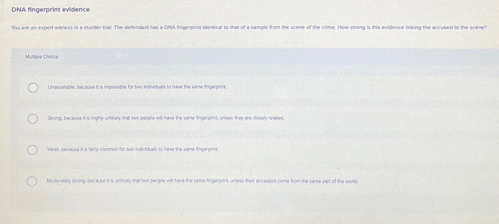 Solved DNA fingerprint evidenceMultiple ChoiceUnassallable, | Chegg.com