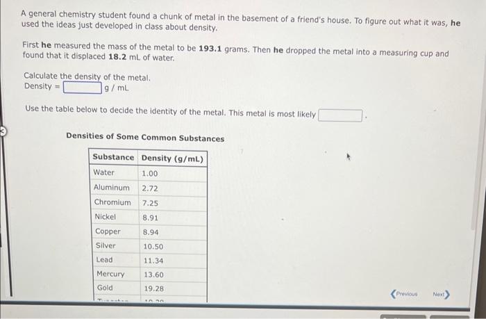 Solved A general chemistry student found a chunk of metal in | Chegg.com