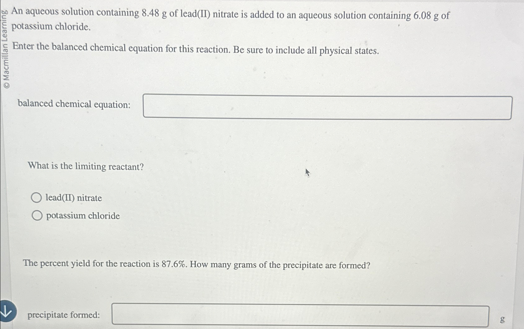 Solved An aqueous solution containing 8.48g ﻿of lead(II) | Chegg.com