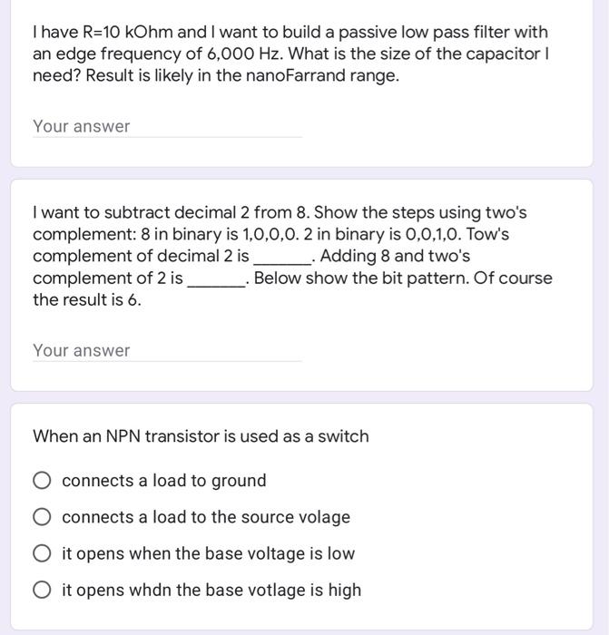 Solved I have R=10 kOhm and I want to build a passive low | Chegg.com