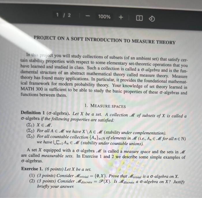 Solved PROJECT ON A SOFT INTRODUCTION TO MEASURE THEORY In | Chegg.com