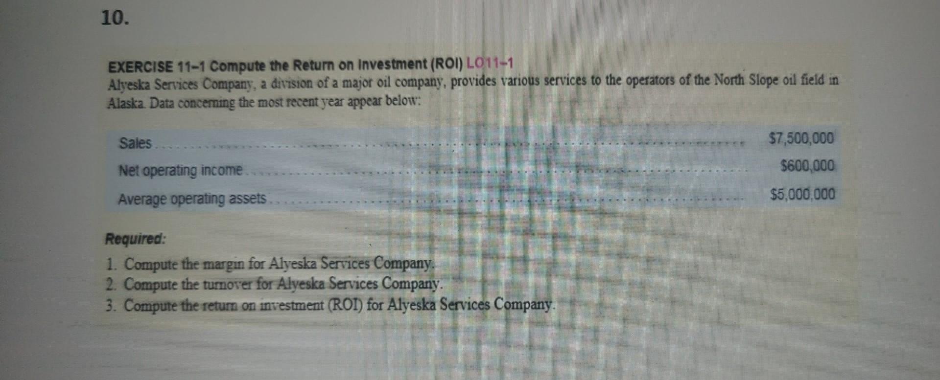 Solved EXERCISE 11-1 Compute the Return on Investment (ROI) | Chegg.com