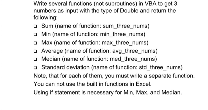 Solved create a vba function code that will work for 3 | Chegg.com